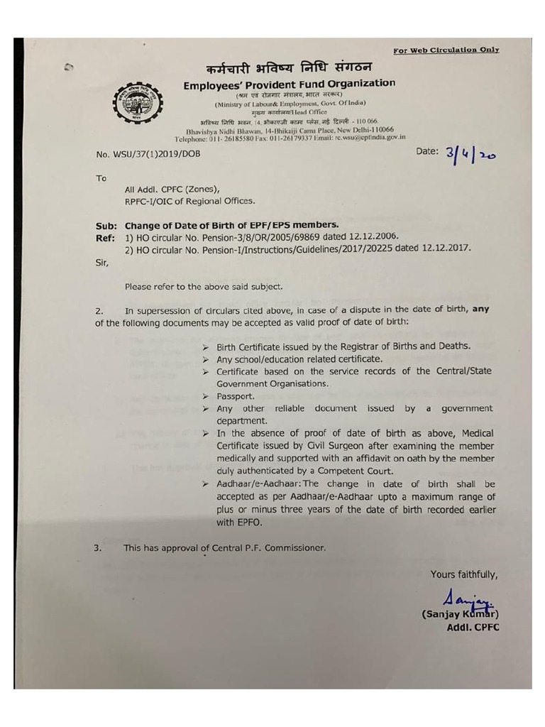 EPFO Circular On Acceptance of Alternative Documents As A Valid | PDF