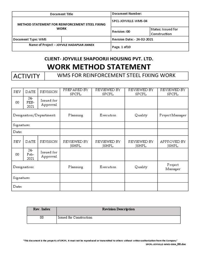 Method Statement for Steel Fixing Work | PDF | Concrete | Chemistry