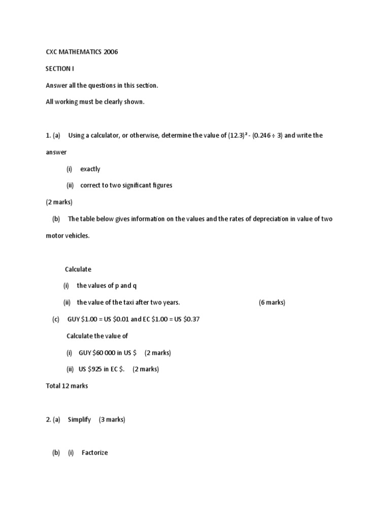 CXC Math 2006 Exam Questions | PDF