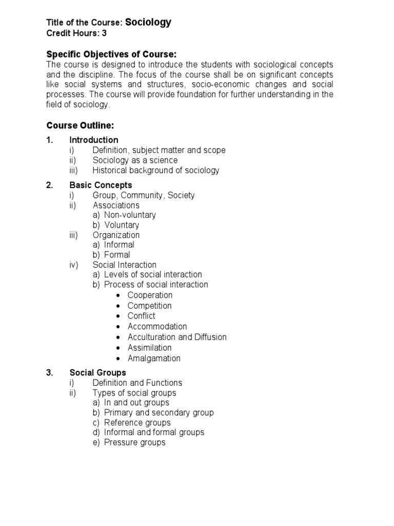Sociology Course Outline and Objectives | PDF | Sociology | Social Group