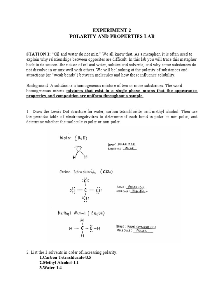 Experiment 2 Polarity and Properties Lab | PDF | Chemical Polarity ...