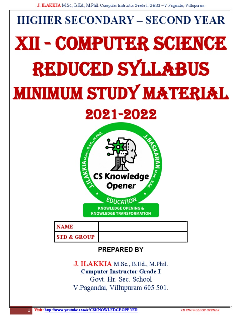 Xii - Computer Science Reudced Syllabus Minimum Study Material 2021-2022 | PDF | Scope (Computer ...