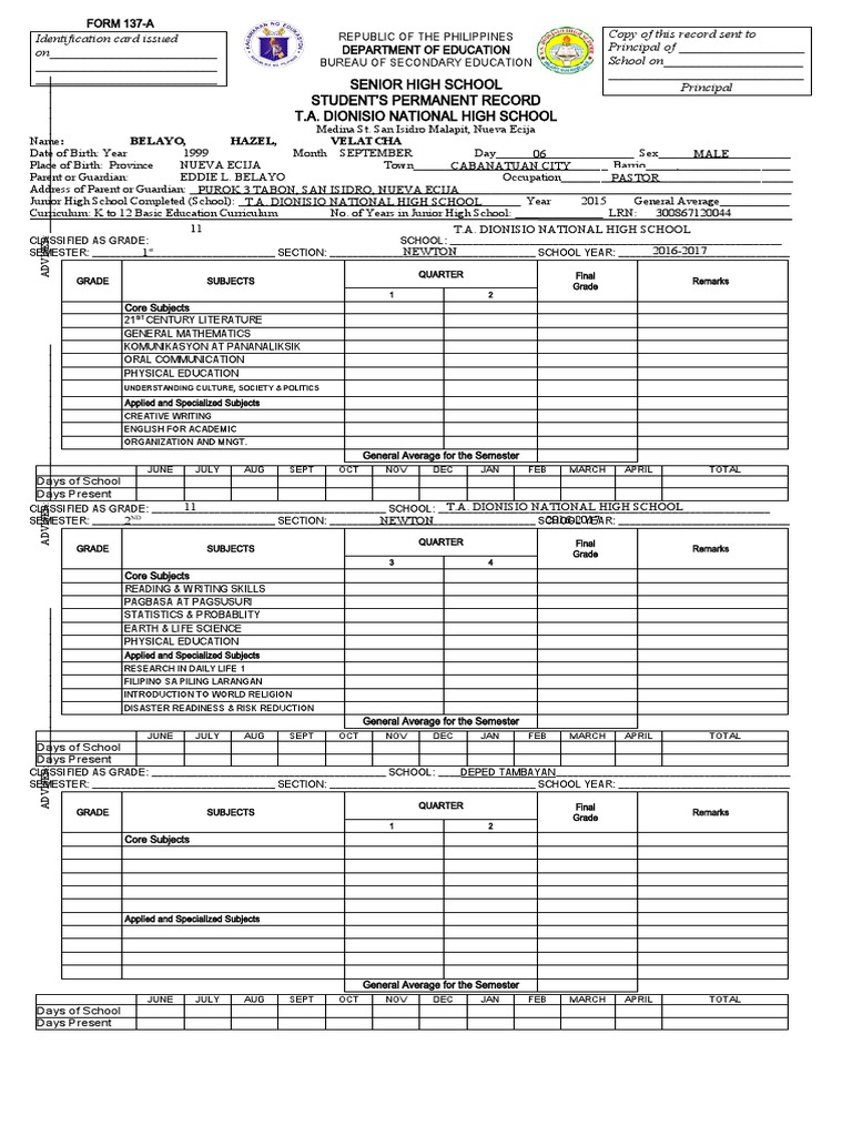 Senior High School Student'S Permanent Record T.A. Dionisio National ...