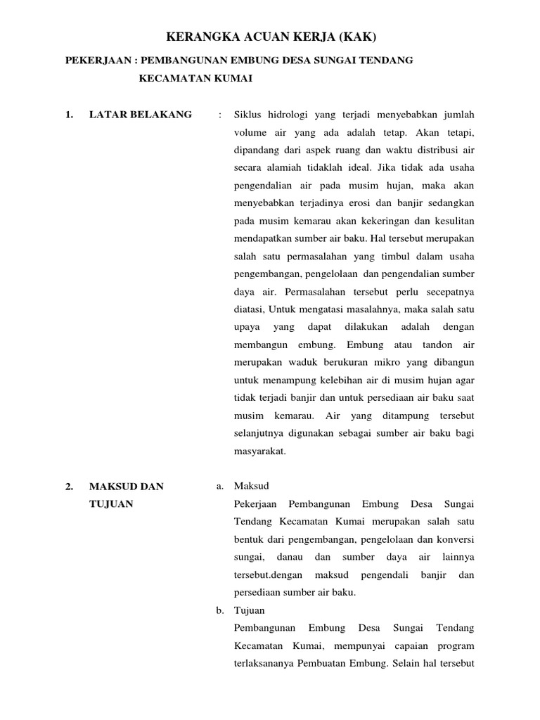 KAK Pembangunan Embung Desa Sungai Tendang | PDF