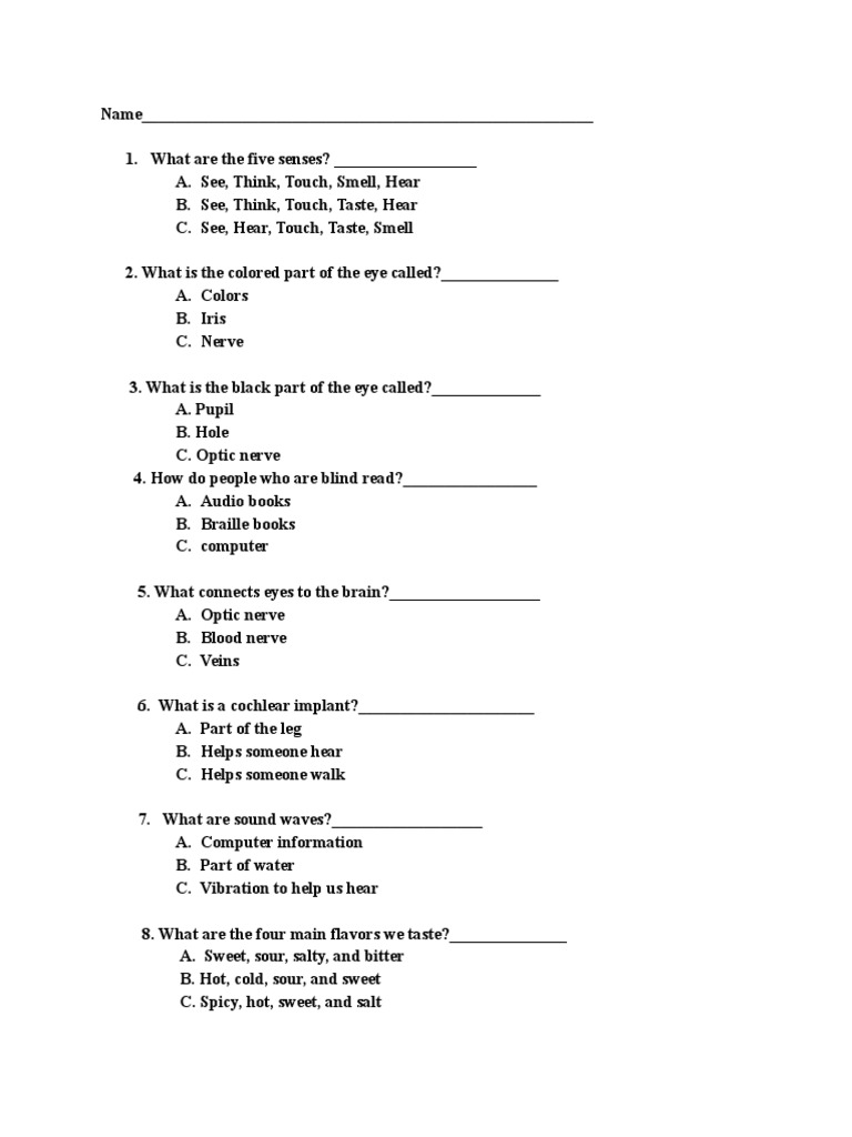 Unit Test 5 Senses-Summative | PDF