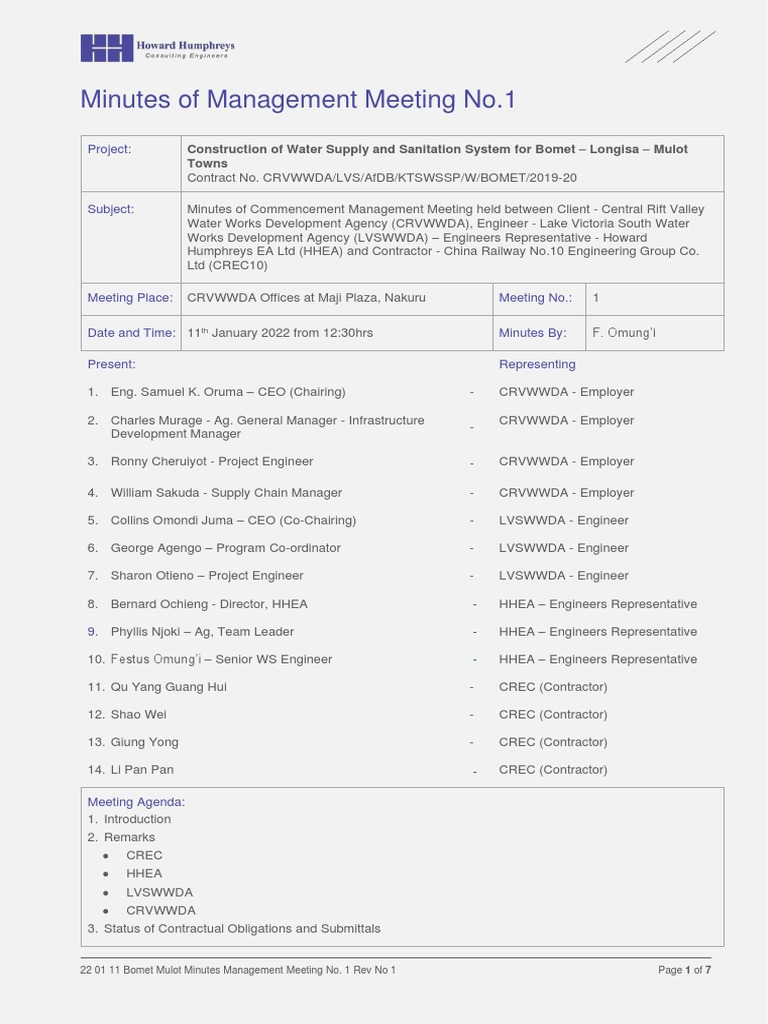 22 01 11 Bomet Mulot Minutes Management Meeting No. 1 Rev | PDF