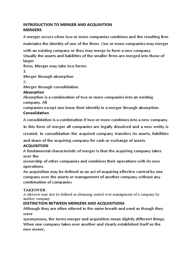 Introduction To Merger and Acquisition | PDF | Mergers And Acquisitions ...