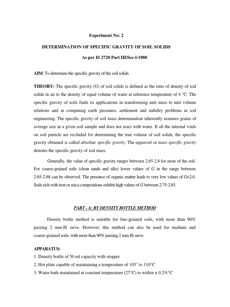 Specific Gravity of Soil Solids | PDF | Density | Soil