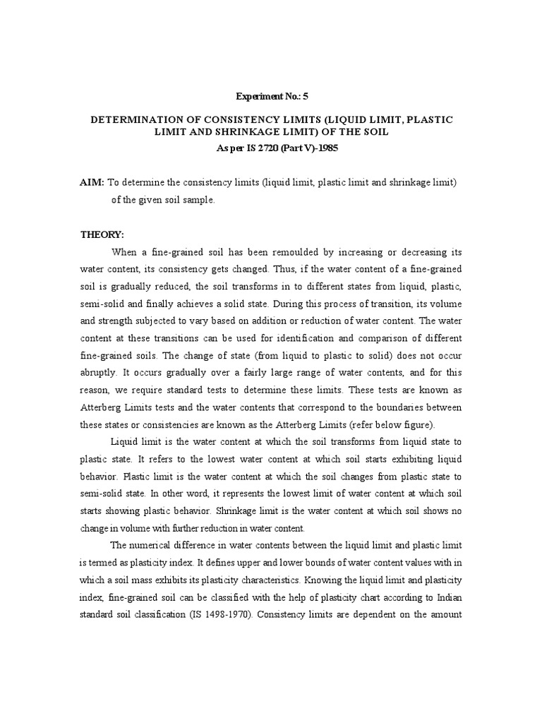 Experiment No.: 5 Determination of Consistency Limits (Liquid Limit ...