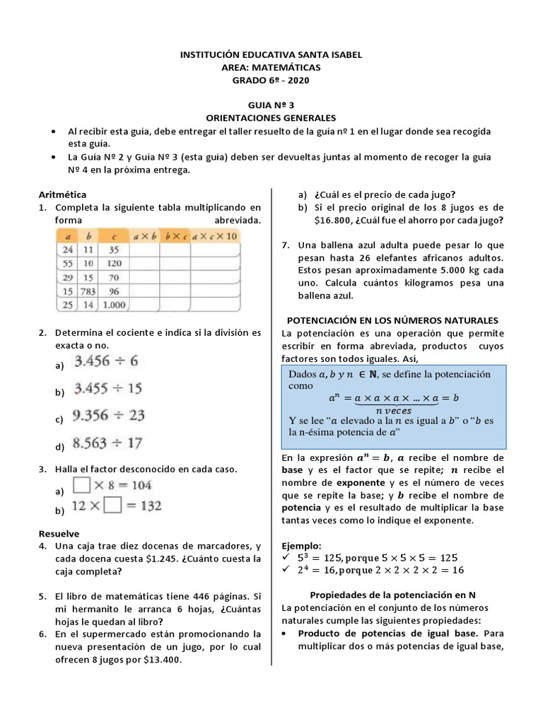 Guia 3 Matematicas - Grado 6º | PDF | Exponenciación | División ...