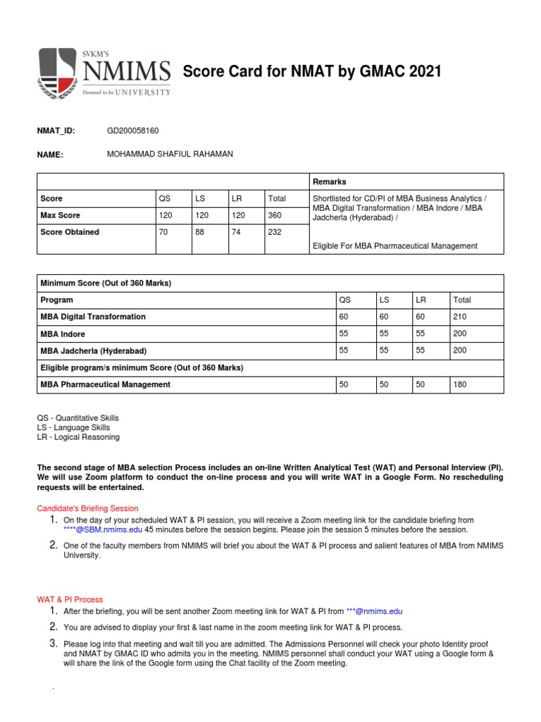 Score Card For NMAT by GMAC 2021: @SBM - Nmims.edu | Download Free PDF ...