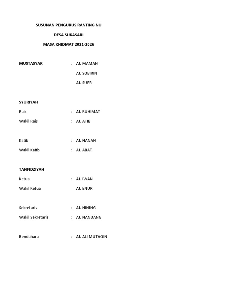 Susunan Pengurus Ranting Nu Kec. Puspahiang | PDF