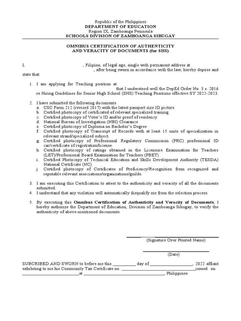 Omnibus Certification of Authenticity - Shs | PDF | Government
