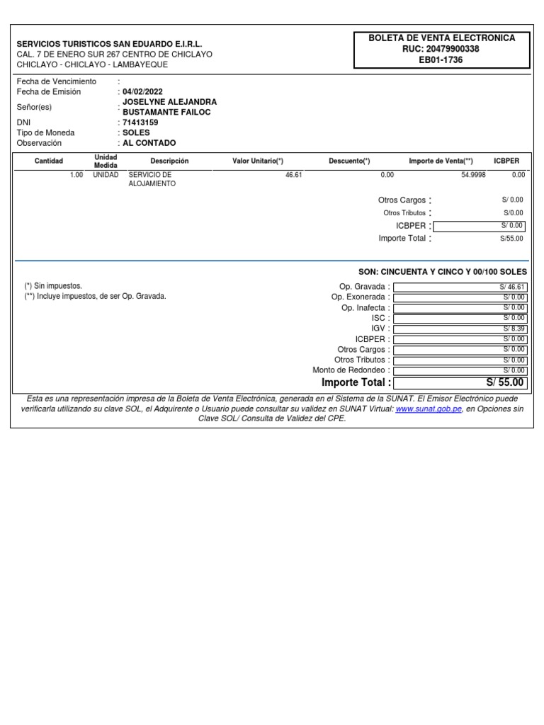 Boleta de Alojamiento en Chiclayo | PDF