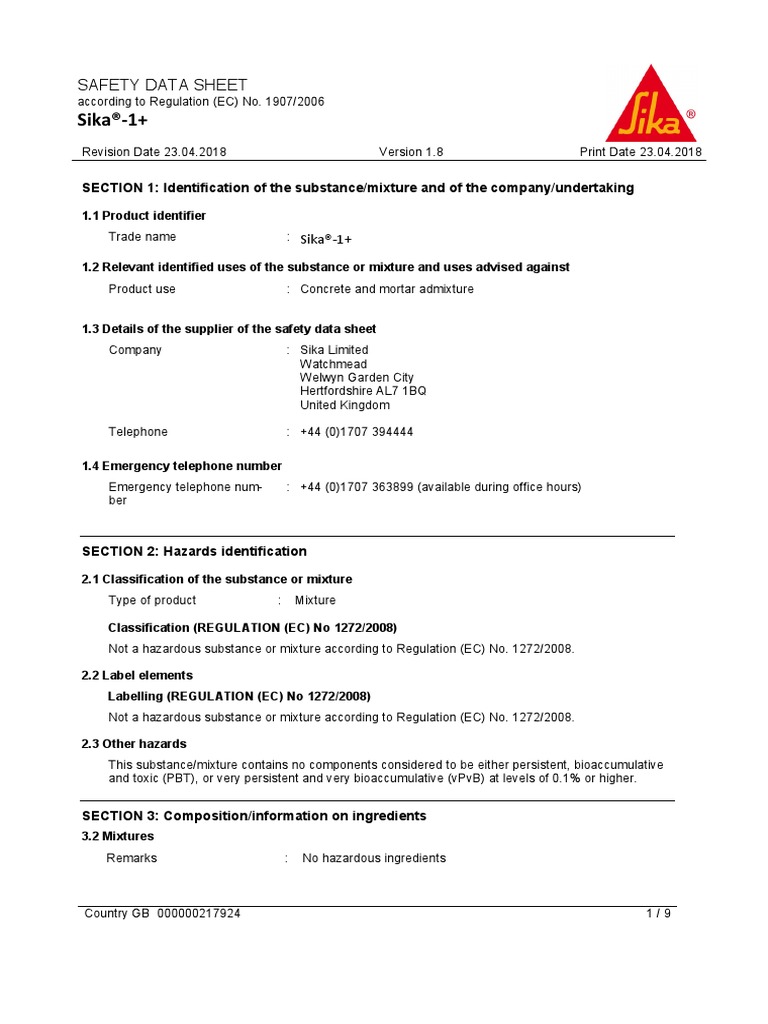 Sika® 1 SDS | PDF | Toxicity | Chemistry