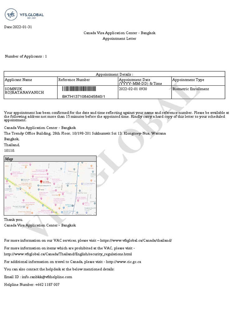 Appointment Confirmation for Biometric Enrollment for Canada Visa ...
