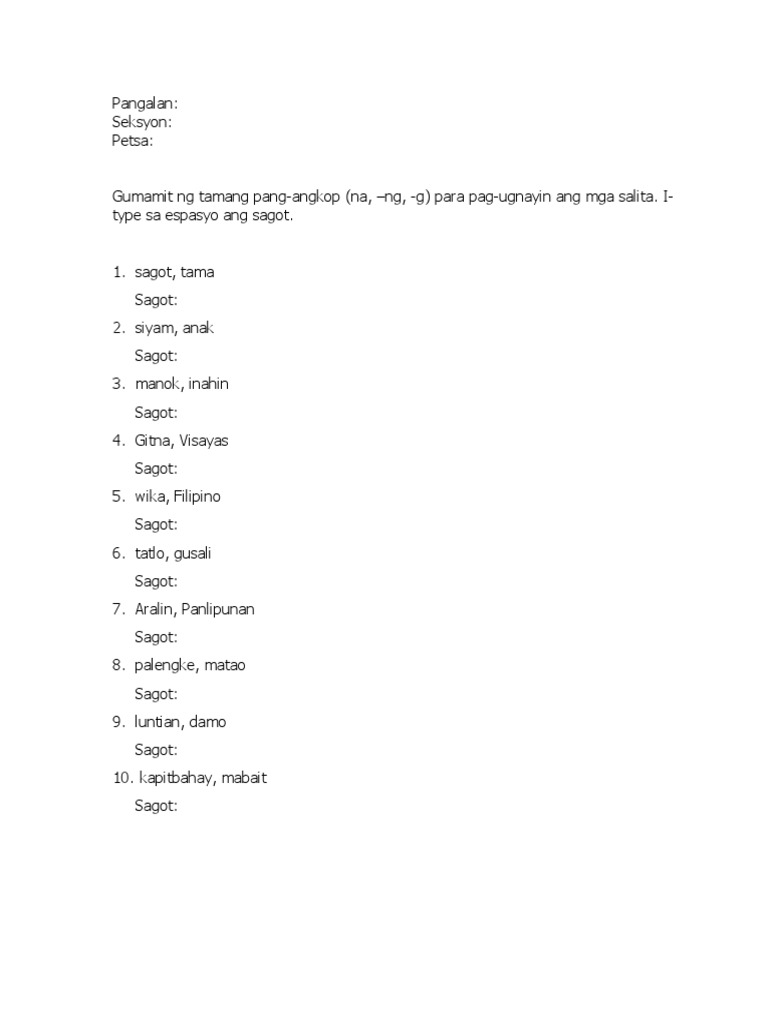 Pang Angkop Worksheet | PDF