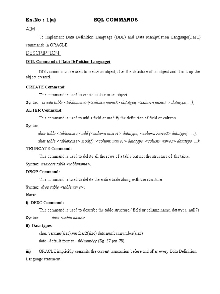 Ex - No: 1 (A) SQL Commands: DDL Commands: (Data Definition Language) | PDF | Information ...