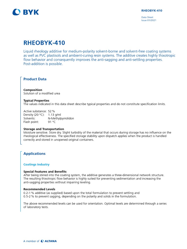 RHEOBYK-410: Product Data | PDF | Rheology | Polyvinyl Chloride