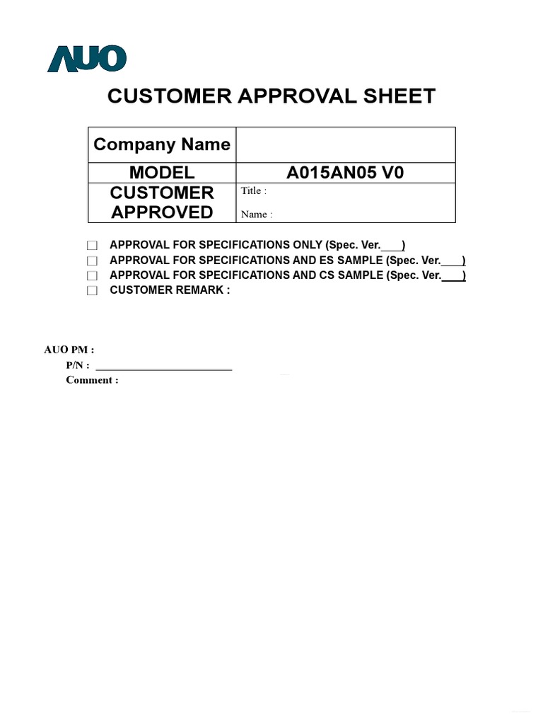 Customer Approval Sheet: Company Name Model A015AN05 V0 Customer ...