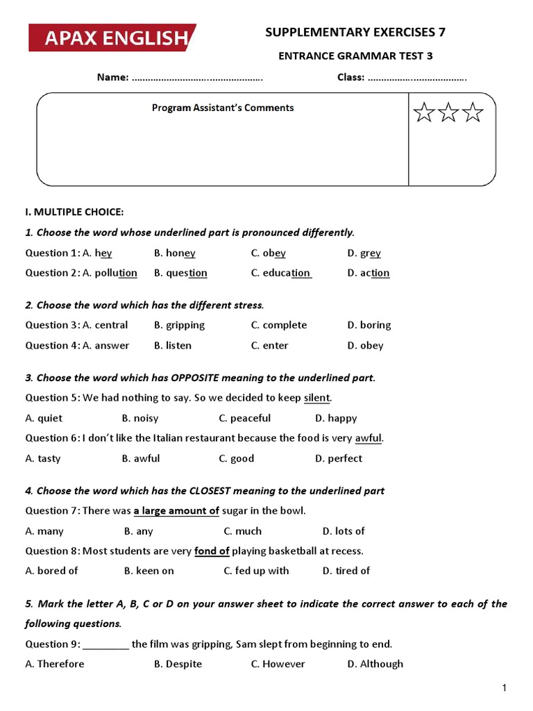 Grade 7 - Entrance Grammar Test 3 (T04 - 06) | PDF