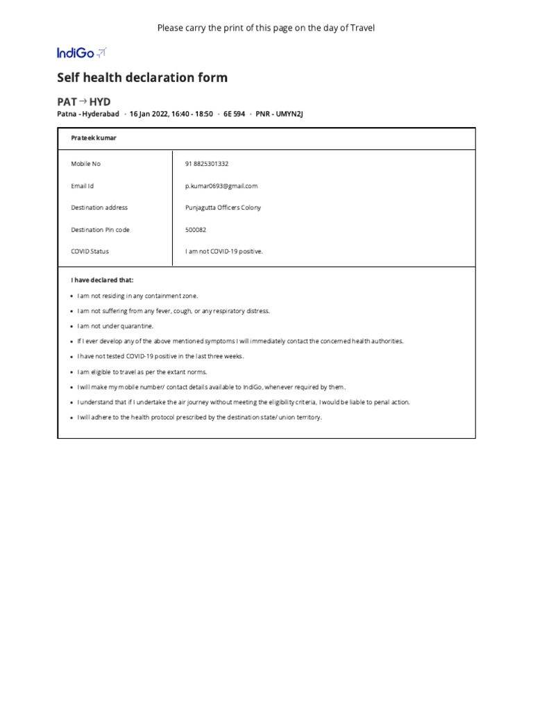 Self Health Declaration Form: PAT HYD | PDF