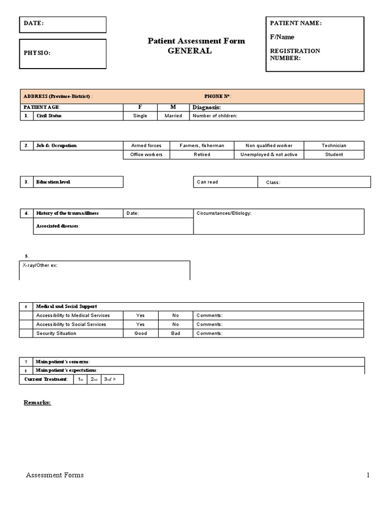 Patient Assessment Form Medical Assessment Fillable PDF Form