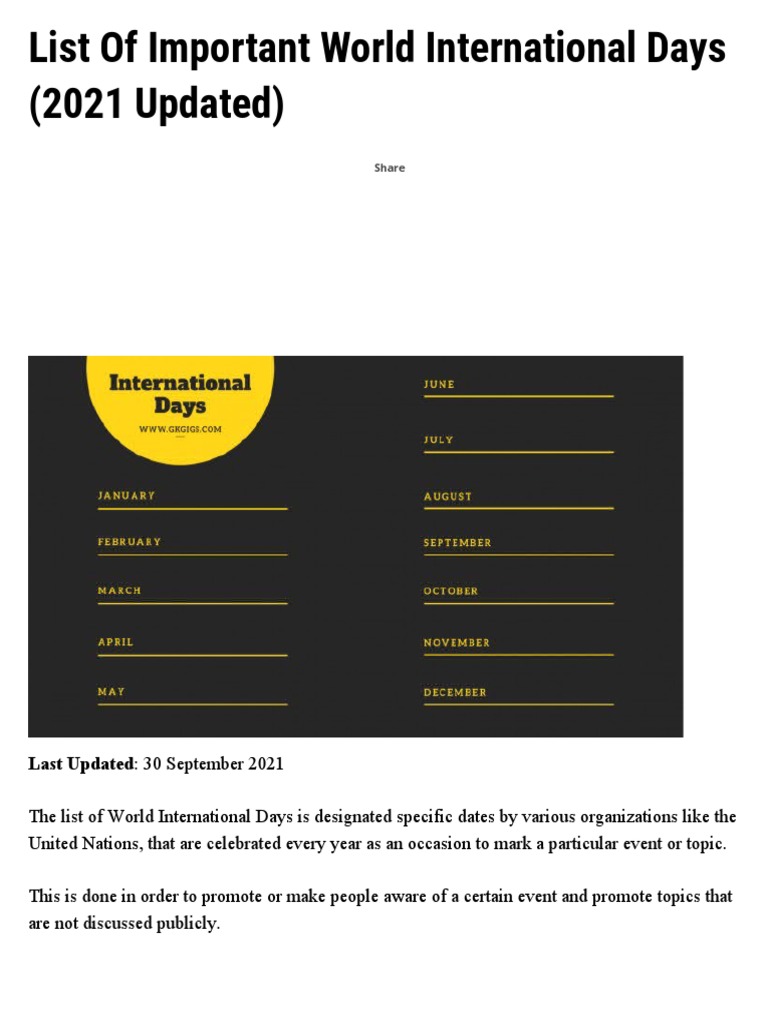 List of Important World International Days | PDF | Violence | United ...
