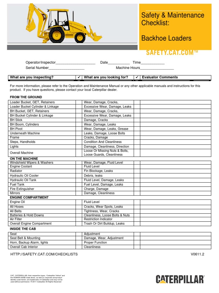 Safety & Maintenance Checklist - Backhoe Loaders V0611 - 2E2 | PDF | Loader (Equipment ...