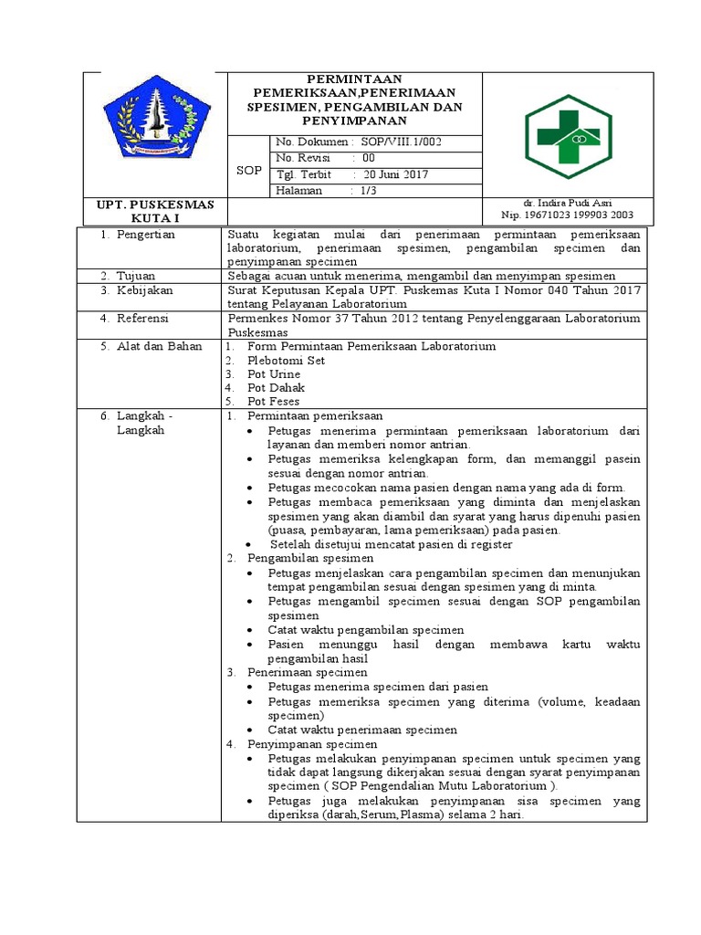 002 Sop Permintaan Pemeriksaan, Penerimaan Spesimen, Pengambilan Dan Penyimpanan | PDF