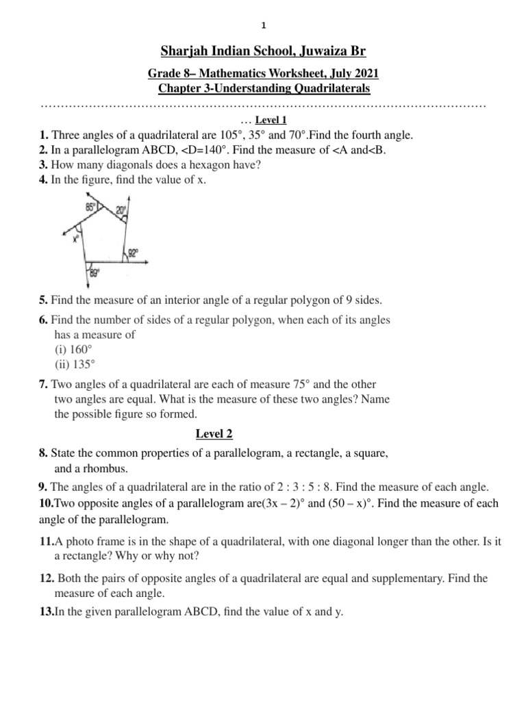 Understanding Quadrilaterals - Grade 8-Worksheet | PDF