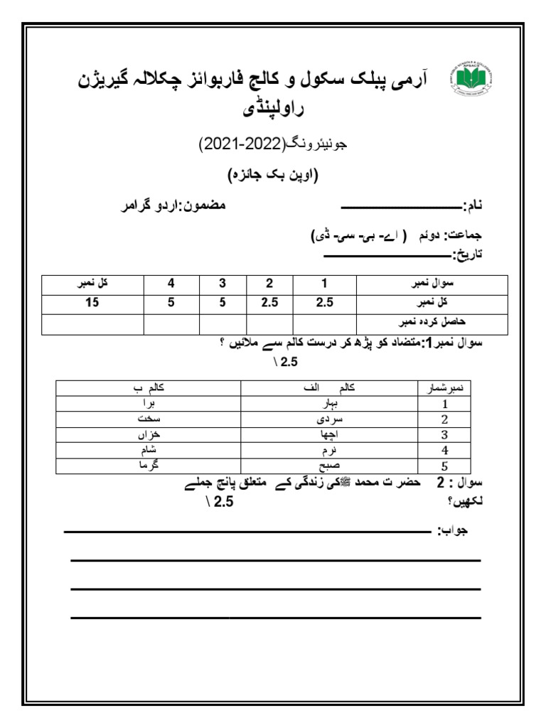 Class2 Urdu Language Paper | PDF