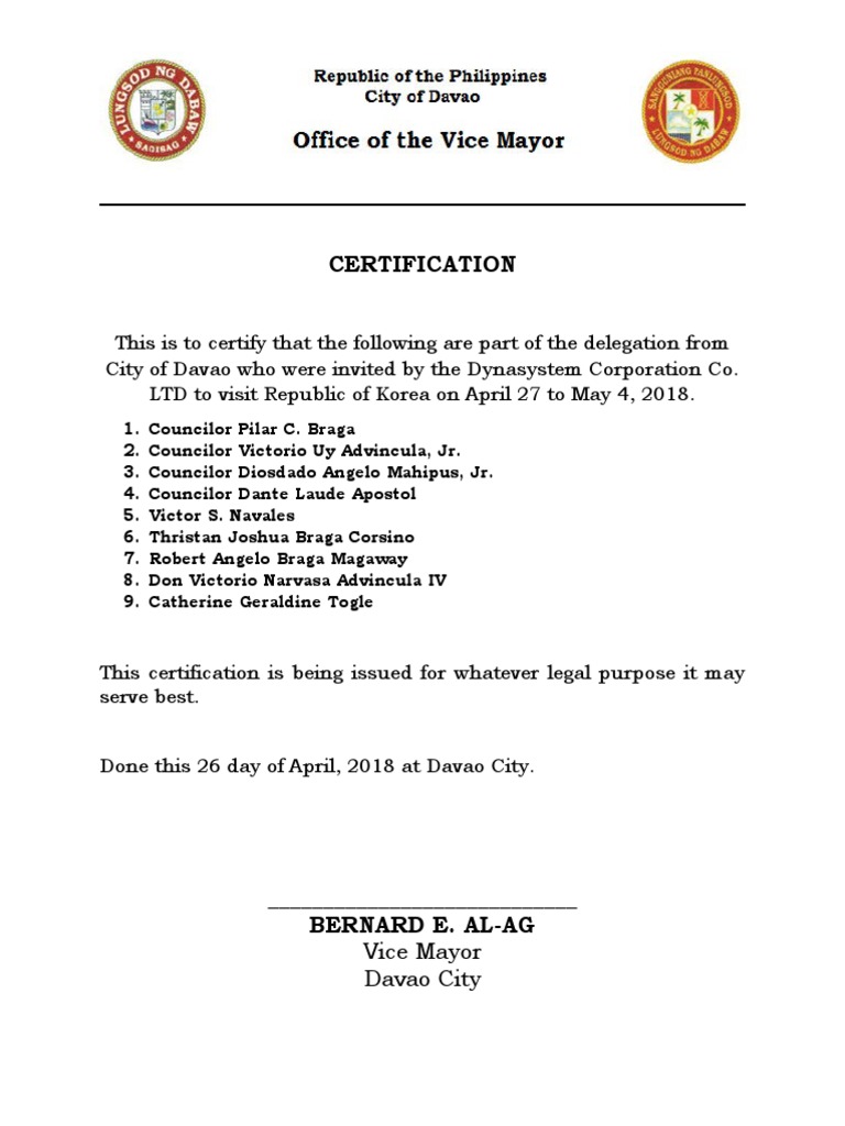 Certification: Vice Mayor Davao City | PDF | Philippines | Local Government