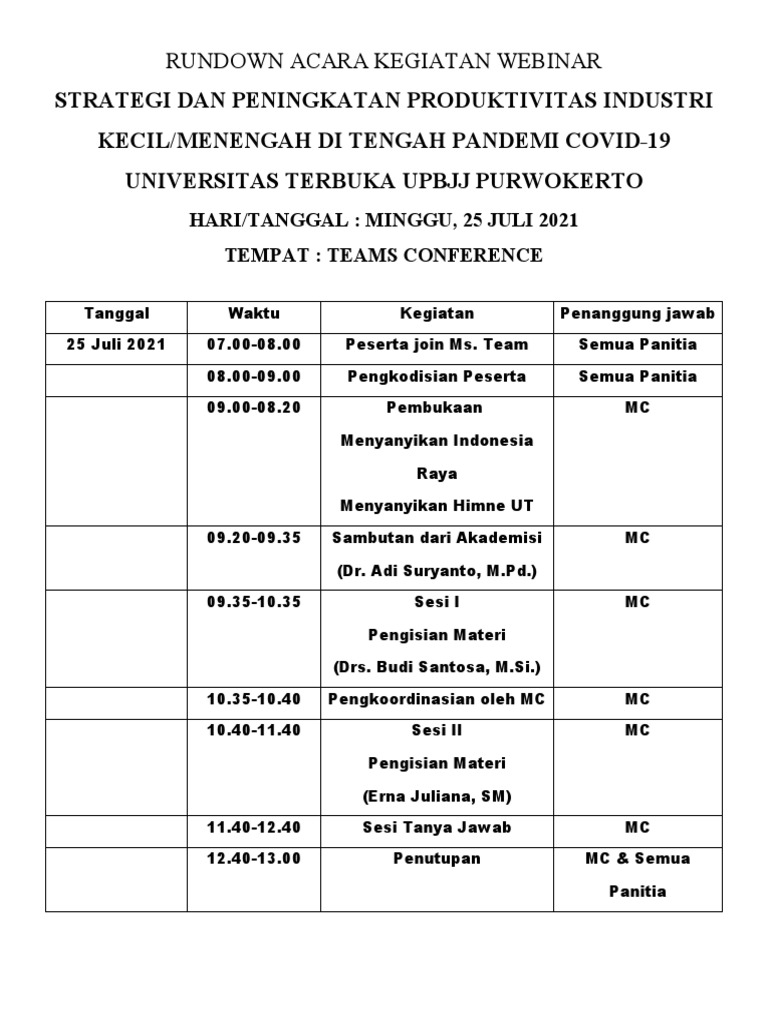 Rundown Acara Kegiatan Webinar Ut Salut Cilacap | PDF