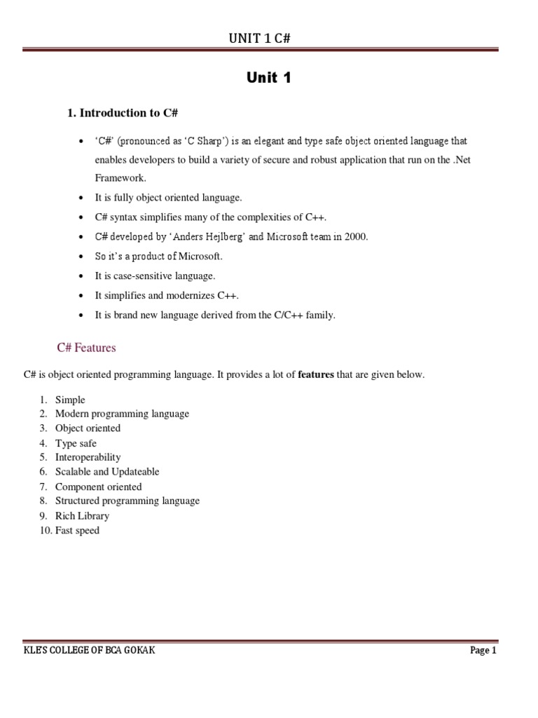 Unit 1 C# | PDF | C Sharp (Programming Language) | Data Type