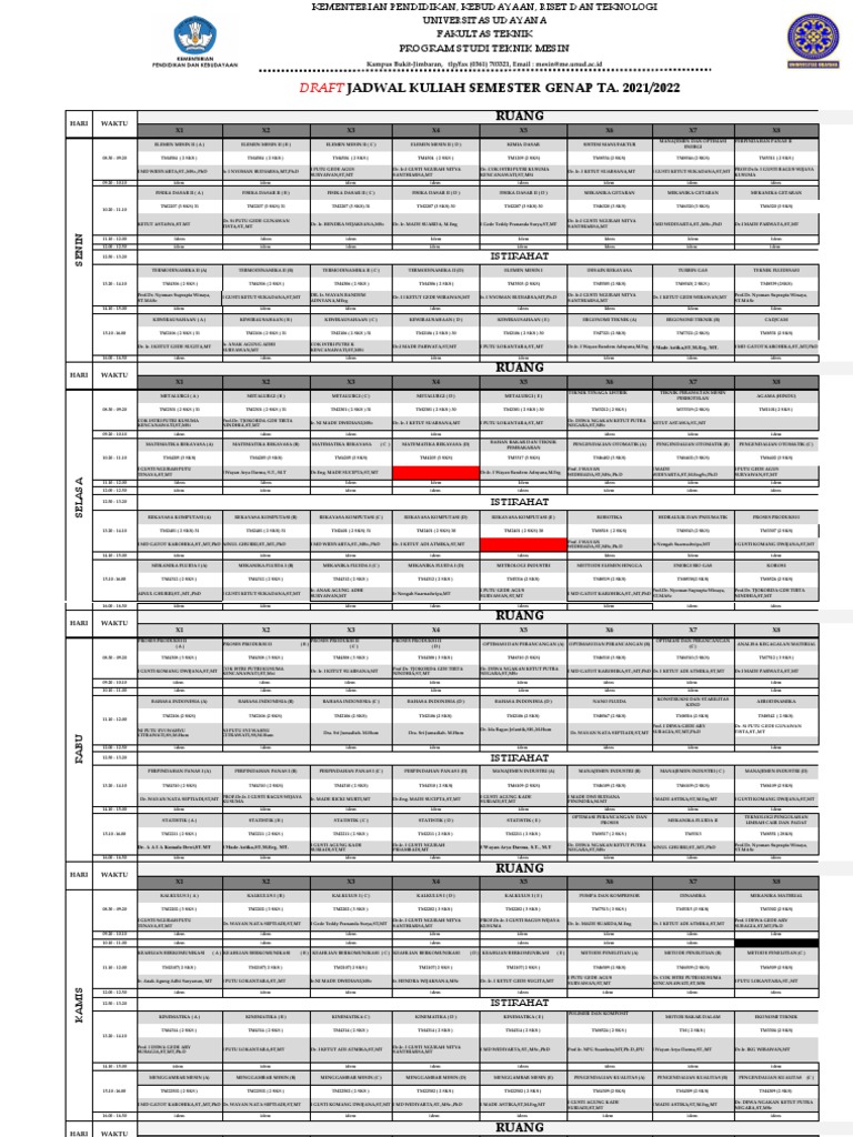 Aa. Draft Jadwal Kuliah SMT Genap Ta 2021 - 2022 | PDF