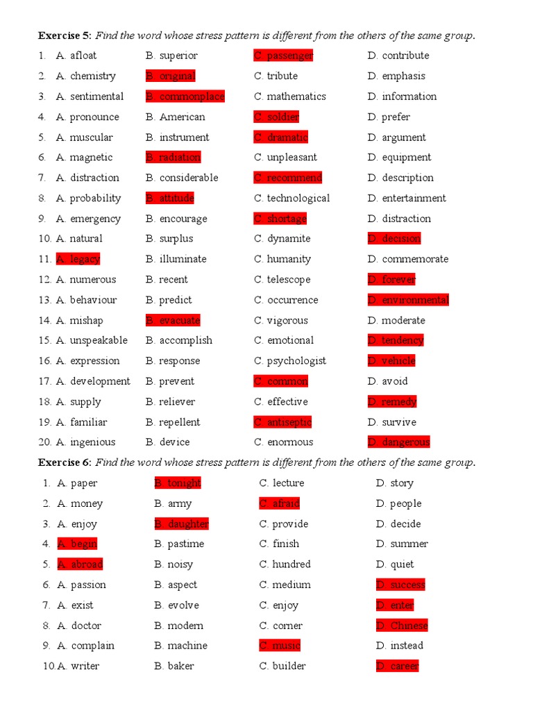 Exercise 5: Find The Word Whose Stress Pattern Is Different From The ...