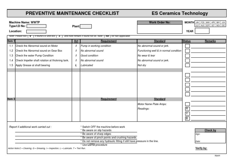 Preventive Maintenance Checklist Es Ceramics Technology | PDF | Pump ...