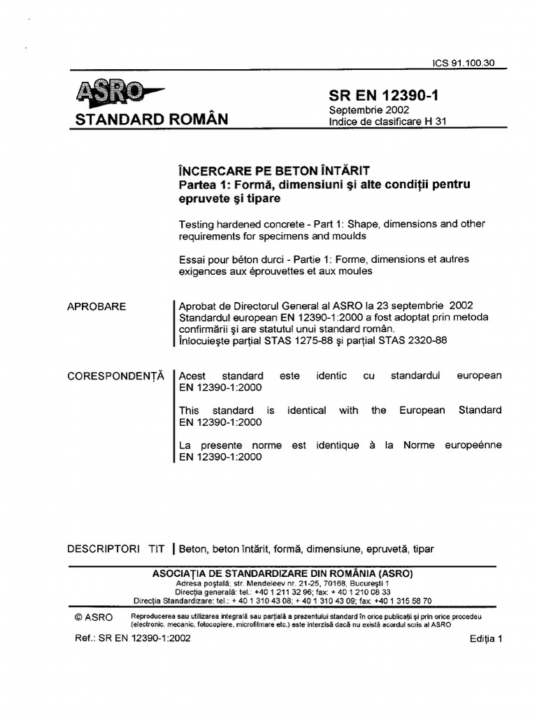 SR en 12390 1 Beton Intarit Conditii PT Epruvete Si Tipare PDF | PDF