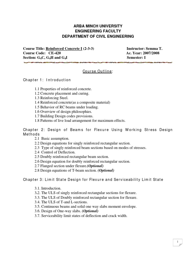 Course Outline For Reinforced Concrete I | PDF | Beam (Structure) | Bending