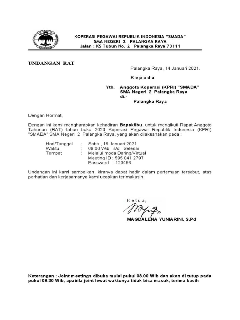 Undangan RAT KPRI "SMADA" 2021 | PDF