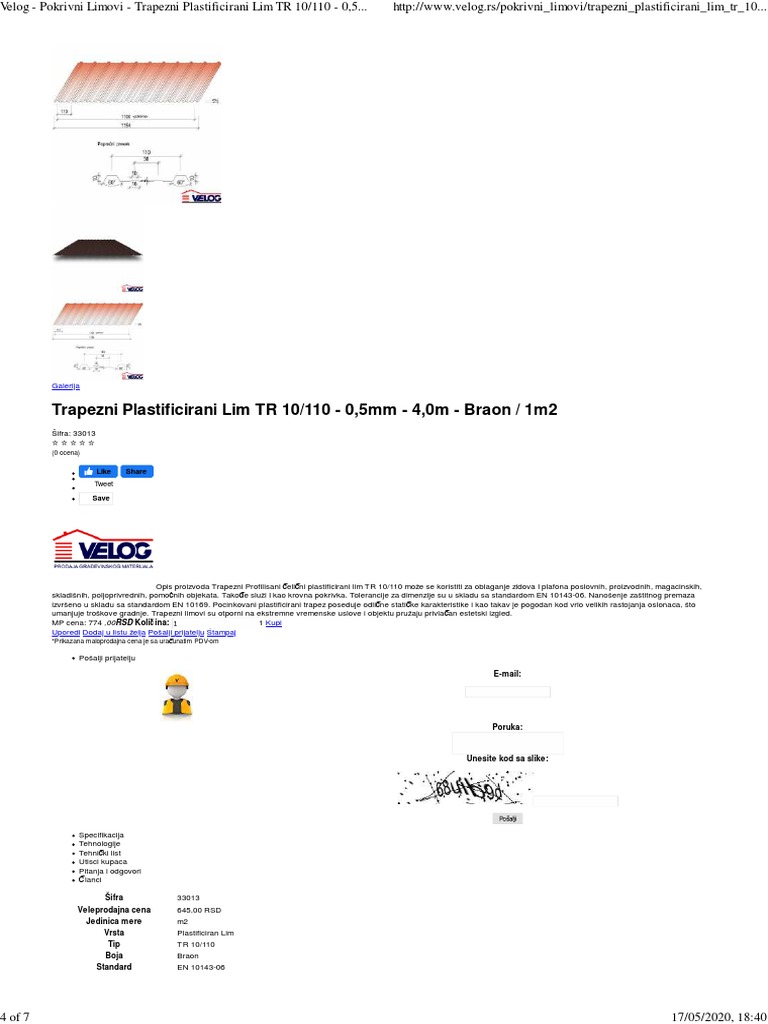 Trapezni Plastificirani Lim TR 10 - 110 - 0,5mm - 4,0m | PDF
