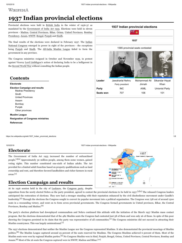 1937 Indian Provincial Elections - Wikipedia | PDF | Pakistan | India ...