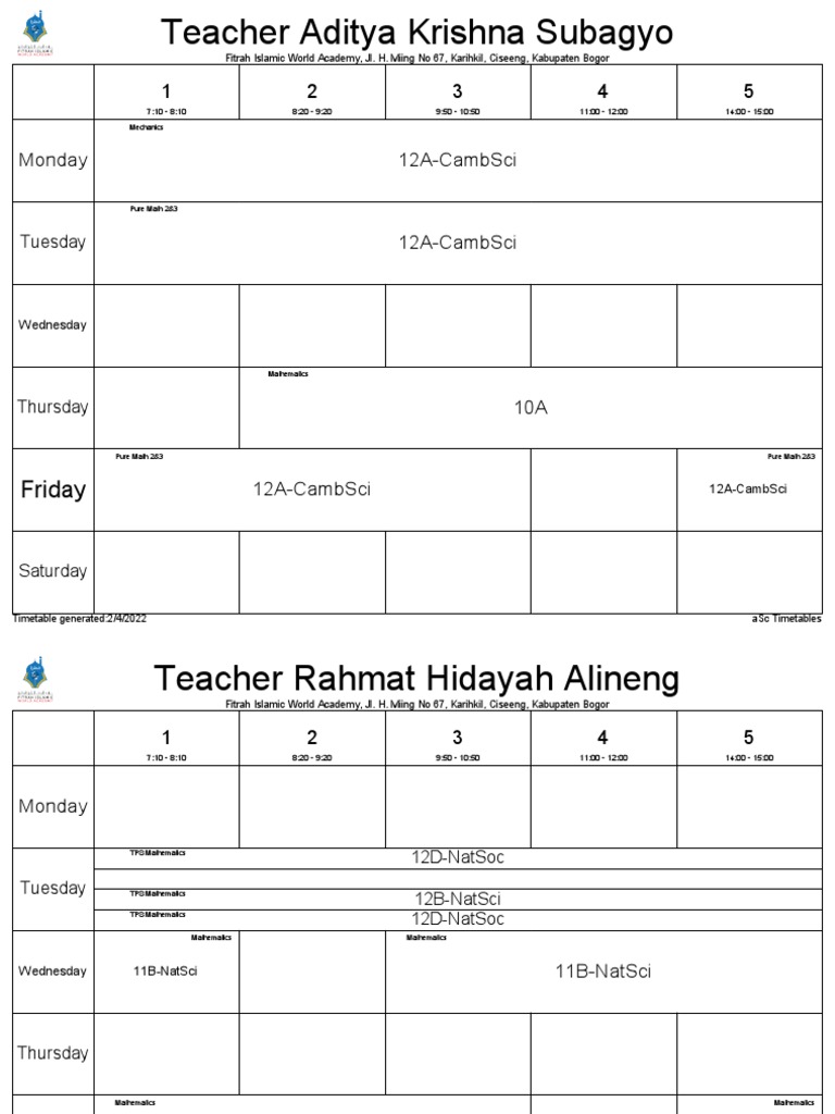 Teacher Timetables | PDF | Mathematics | Science