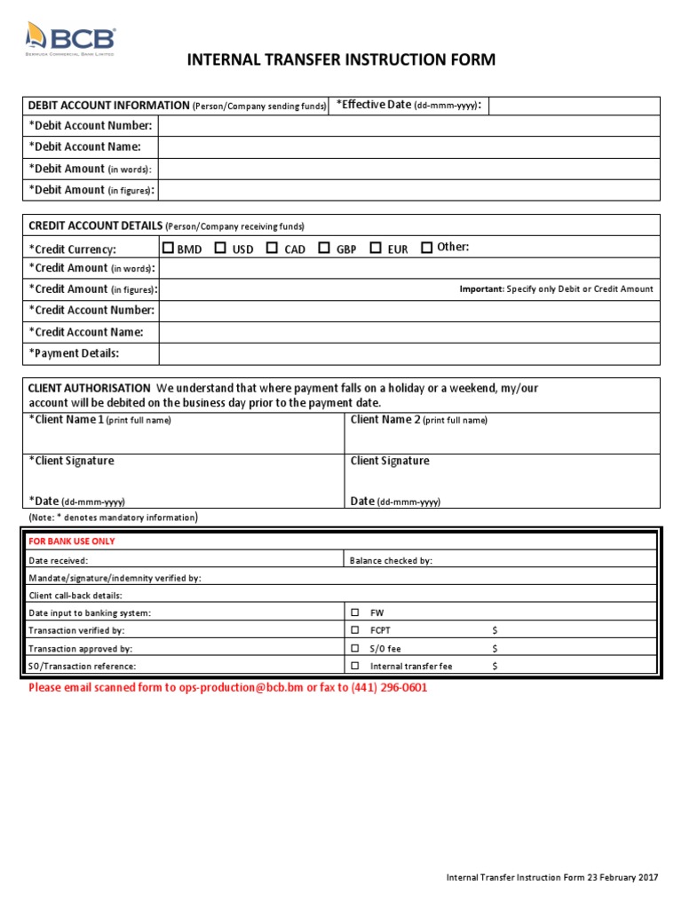 Internal Transfer Instruction Form: Debit Account Information | PDF ...