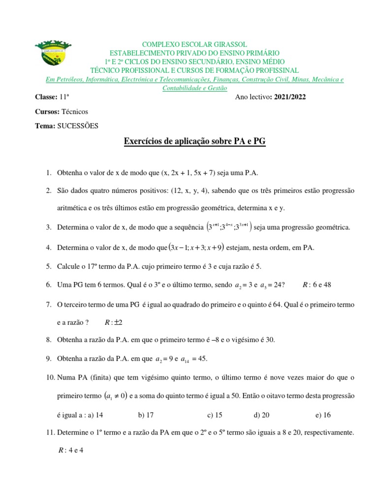 Exercícios Sobre Pa e PG | PDF | Triângulo | Sequência