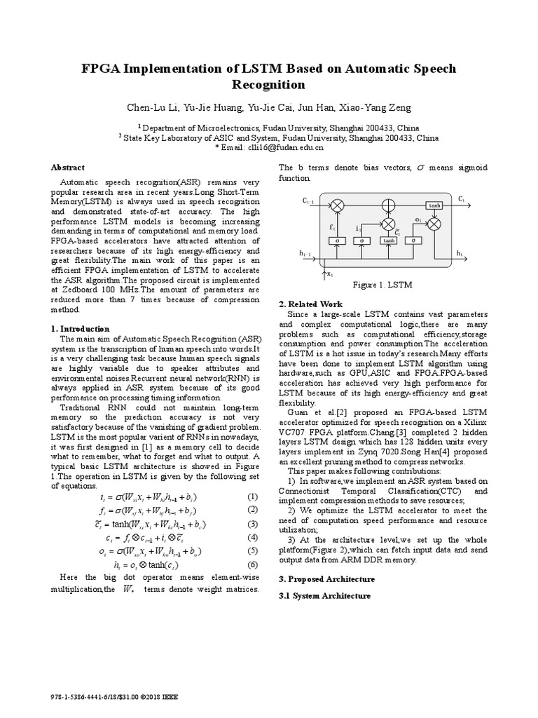 FPGA Implementation of LSTM Based On Automatic Speech Recognition | Download Free PDF | Speech ...