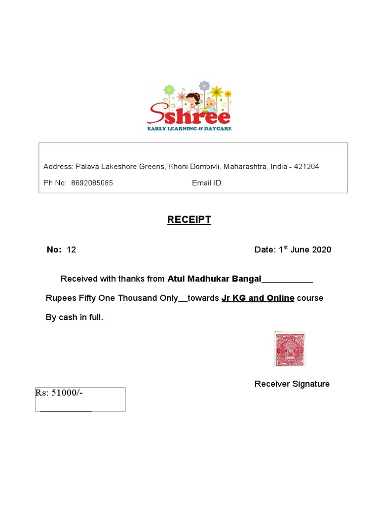 Receipt for Junior Kindergarten and Online Course Fees Paid in Full | PDF