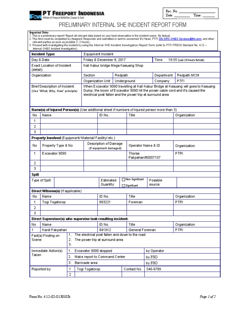 Preliminary Internal She Incident Report Form: (Use "What, Why, How ...