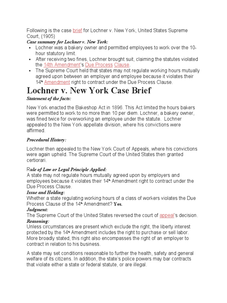 Lochner v. New York Case Brief | PDF | Fourteenth Amendment To The ...